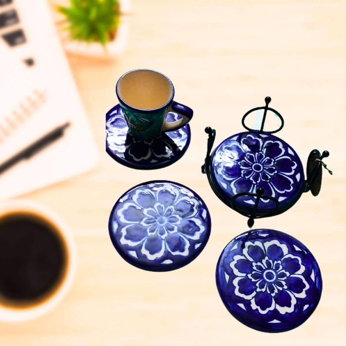 Hand-painted Mughal Blue Coasters Set of 4 with Wrought Iron Stand ...